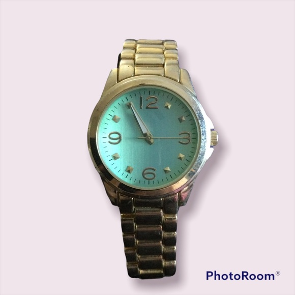 Jewelry | Gold With Teal Studded Face Watch | Poshmark